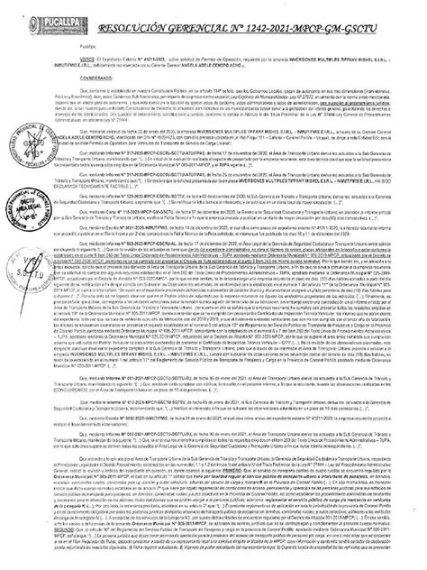 Resolución Gerencial 1242 2021 Mpcp Gsctu Autorización Pdf Administración Pública