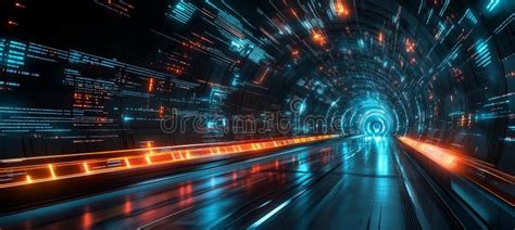 Futuristic Technology Tunnel With Data Flow Cybersecurity And Digital Network Connection Stock