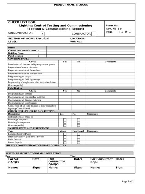Commissioning Checklist For Lighting Control System Pdf Equipment