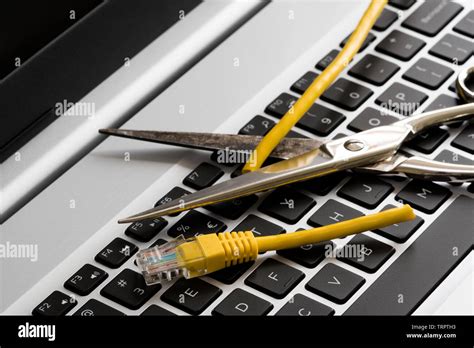 Laptop With Cut Internet Cable Concept Of Internet Censorship Stock Photo Alamy