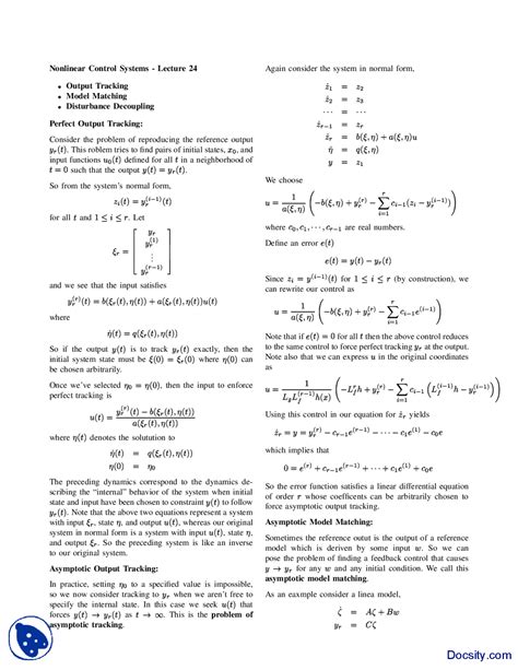 Perfect Output Tracking Control Of Non Linear Systems Handout Docsity