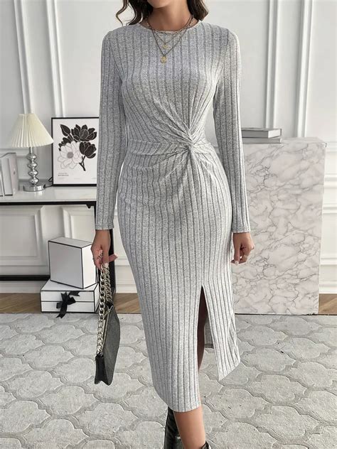 프론트 리브드 크루 넥 드레스 캐주얼 시즌드 웨이스트 롱 슬리브 드레스 여성 의류 Temu Korea