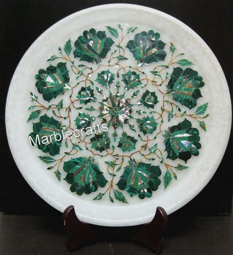 12 Inches White Marble Round Shape Decorative Plate Malachite Stone