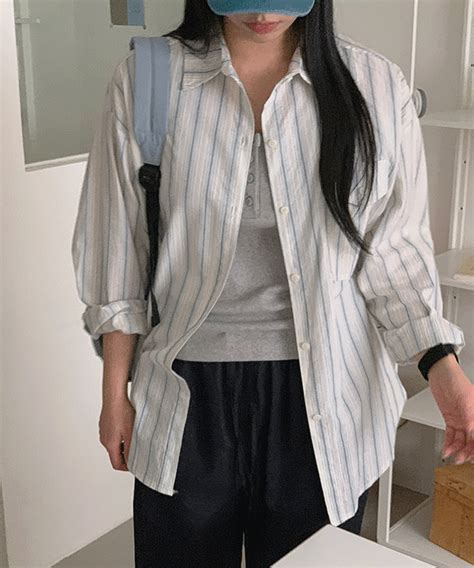 [장마룩 당일발송] 루즈핏 오버핏 스트라이프 단가라 배색 포켓 긴팔 셔츠 3color 에이블리