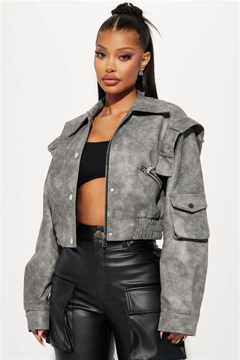 Harper Washed Faux Leather Jacket Grey Fashion Nova