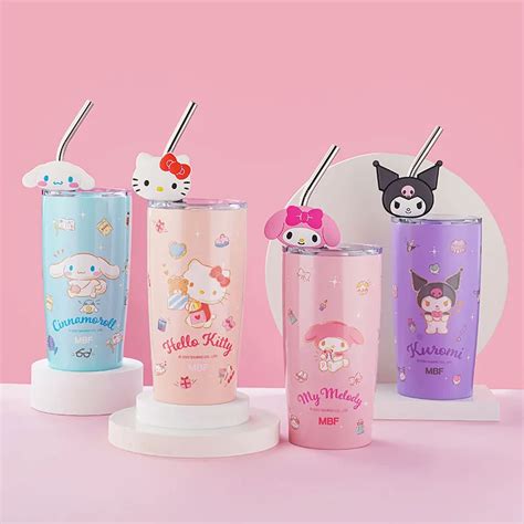 산리오 시리즈 헬로 키티 컬러 절연 스틸 컵 뚜껑 컵 빨대 커플 물컵 우유 컵 소녀용 카와이 애니메이션 장난감 600ml