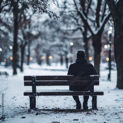 A Solitary Figure Sitting On A Park Bench In Winter With No One Around