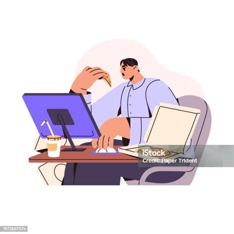 폭식 개념 직장에서 점심을 먹고 있는 바쁜 직원 직장인은 근무 중에 패스트 푸드 피자를 먹습니다 과부하 과식 문제 흰색 배경에