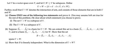 solved let v be a vector space over f and let u w⊆v be
