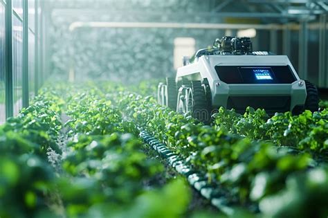Autonomous Robot Cultivating Crops In Greenhouse Embracing Future Of Farming Stock Image