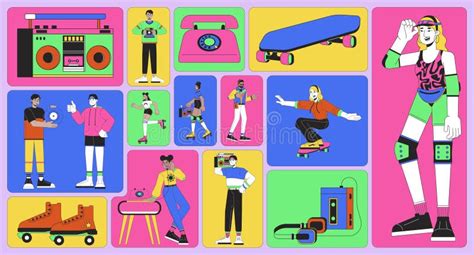nostalgic 80s people diverse bento grid illustration set stock illustration illustration of