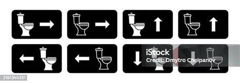 Wc 방향 표시 아이콘 집합입니다 화장실 정보 배너 공중 화장실 포인터 화살표 헝겊 욕실 벡터 일러스트 레이 션 공용 화장실 객실 픽토그램 검은색에 대한 스톡 벡터 아트 및