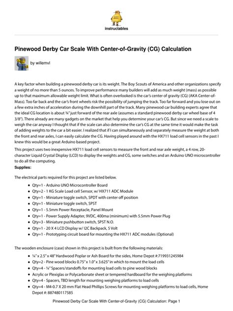Pinewood Derby Car Scale With Center Of Gravity Cg Pdf Weight Arduino