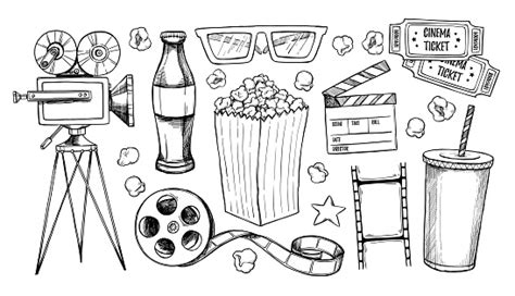 손으로 그린 벡터 일러스트 레이 션영화 컬렉션 영화와 영화 요소에 스타일을 스케치합니다 포스터 배너 전단지 광고 광고 판에 대 한 완벽 한 3d 안경에 대한 스톡 벡터 아트