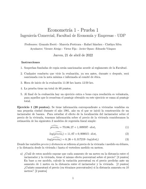 S1 Econometría I 1 2022 Econometr ́ıa 1 Prueba 1 Ingenier ́ıa Comercial Facultad De Econom
