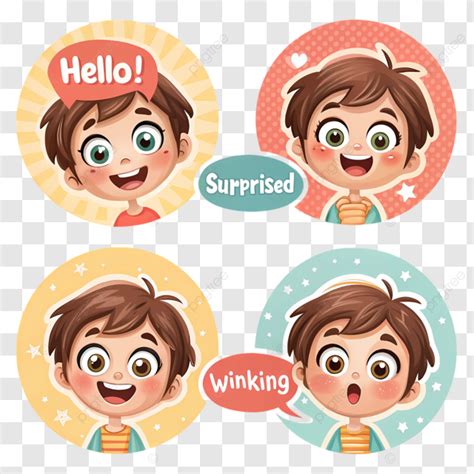표현력있는 반짝이는 눈과 깔끔하게 스타일의 짧은 갈색 머리로 쾌활한 어린이 캐릭터를 보여주는 6 개의 3d 만화 스타일 스티커 얼굴의 생생한 세트 6 개의 3d 만화
