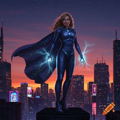 A Purple Clad Female Superhero With White Hair Stands On A City Rooftop