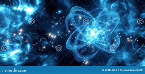 Atomic Structure Visualization With Glowing Blue Particles And Swirling Energy In Cosmic