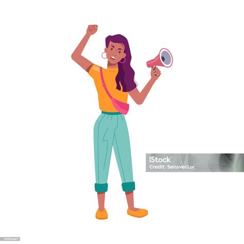시위 파업에 만화 화가 난 활동가 갈색 머리 소녀에 항의 정치 연설 또는 파업에 대한 외침 확성기가 있는 여성 시위자 연사 거리에 대한 스톡 벡터 아트 및 기타 이미지