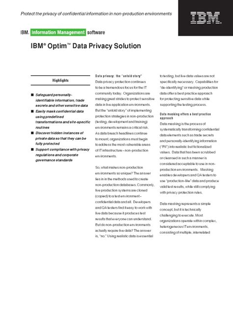 Ibm® Optim™ Data Privacy Solution Protect The Privacy Of Confidential