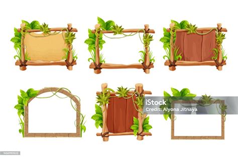 막대기 나무 널빤지 잔디와 덩굴 식물이 있는 돌 벽돌 흰색 배경에 격리된 만화 스타일의 정글 잎에서 프레임을 설정합니다 테두리