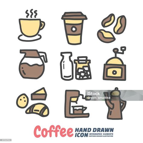 커피 손으로 그린 만화 벡터 기호 그리고 아이콘 세트 디자인 요소 벡터 일러스트입니다 그래픽 사용자 인터페이스에 대한 스톡 벡터