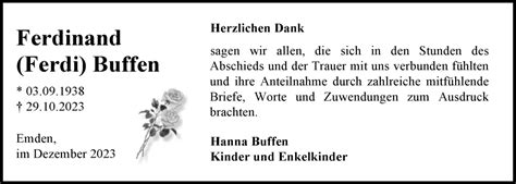 Traueranzeigen Von Ferdinand Buffen Nordwest Trauerde