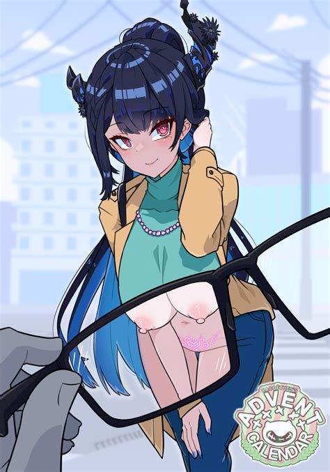 Rule 34 Adjusting Hair Asymmetrical Horns Black Hair Blue Hair Blush Breasts Colored Inner