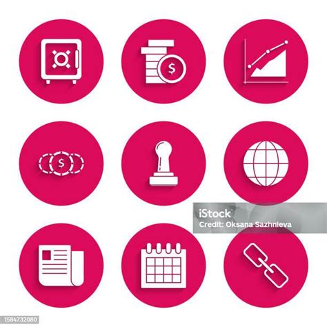 스탬프 달력 체인 링크 지구 지구본 파일 문서 달러 기호가 있는 코인 머니 파이 차트 인포그래픽 및 안전 아이콘을 설정합니다