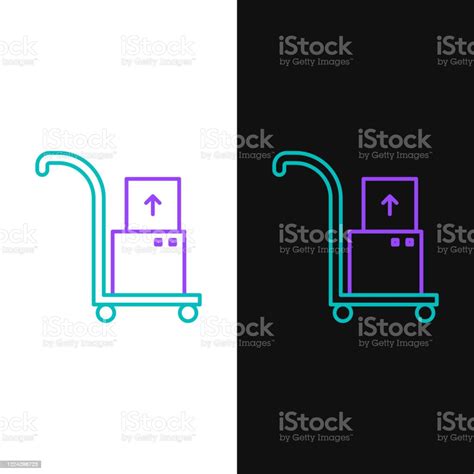흰색과 검은 색 배경에 격리 녹색과 보라색 라인 손 트럭과 상자 아이콘 돌리 기호입니다 벡터 일러스트레이션 보라색에 대한 스톡 벡터 아트 및 기타 이미지 Istock