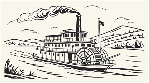 Vintage Paddle Steamer Vector Art Historic Riverboat Illustration