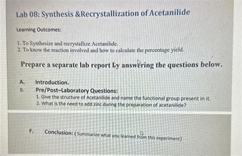 Lab Synthesis Recrystallization Of Acetanilide Chegg Com