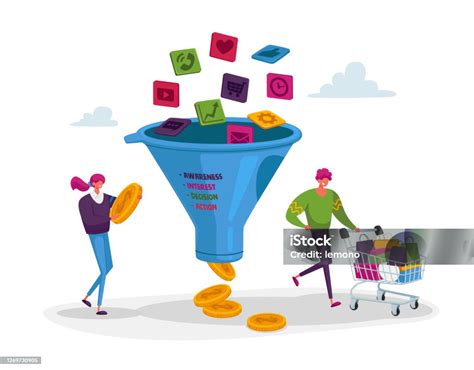 전환율 최적화 거대한 판매 깔때기에서 쇼핑 트롤리와 돈과 작은 문자 디지털 마케팅 일러스트레이션에 대한 스톡 벡터 아트 및 기타 이미지 일러스트레이션 벡터 아이콘