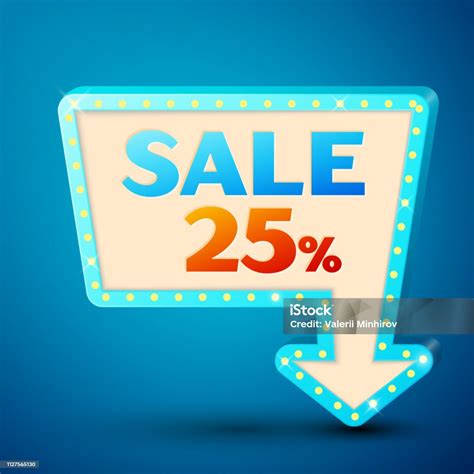 램프 및 화살표 비문 판매 25 할인을 가진 파란 배경에 빛나는와 복고풍 광고 판 비즈니스 배너 홍보 포스터 밝은 간판 쇼핑 벡터 일러스트 레이 션 25에 대한 스톡 벡터