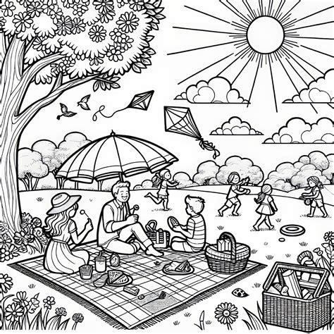 Familie Beim Picknick Im Park Bei Sonnenschein Malvorlage Kostenlos