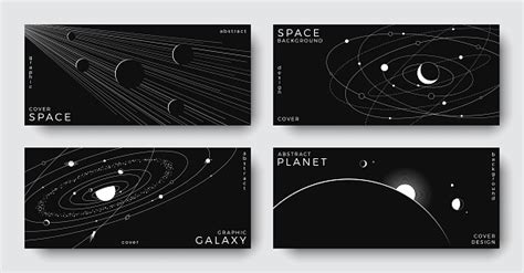 추상적 인 우주 천문학 수평 배경 세트입니다 라인 아트 은하계 우주 행성 태양계 흑인과 백인 과학 개념입니다 표지 포스터 광고 배너 전단지 브로셔를 위한 우주 디자인 0명에