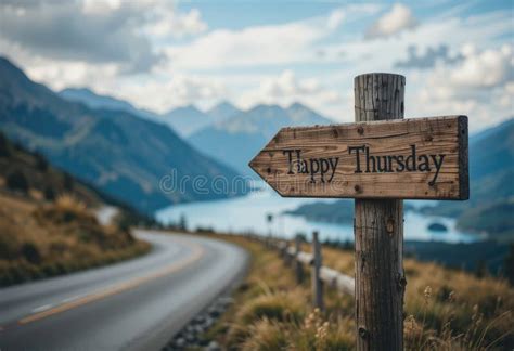 Happy Thursday Wooden Signpost With Mountain And Lake Scenic View Stock