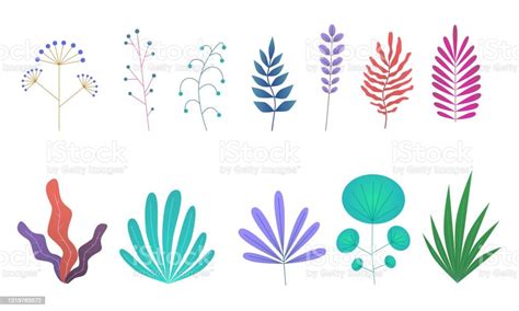 최소한의 잎은 평평하게 간단한 녹색 가지 및 덤불 컬렉션 식물과 열대 단풍 정글과 정원 여름 식물 원소 장식 개체 벡터 만화 격리 세트 0명에 대한 스톡 벡터 아트 및 기타