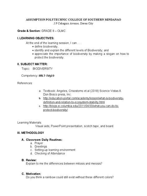 Grade 8 Lesson Plan Biodiversity Pdf Biodiversity Species