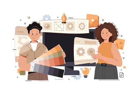 만화 사람들 디자인을 가진 웹 디자인 개념 남자와 여자는 콘텐츠 구성 요소 배치를 통해 프로그래밍하고 사이트 레이아웃을 만듭니다 흰색 배경에 고립 된 플랫 벡터 일러스트