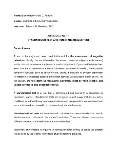 Activity 1 4 Standardized And Non Standardized Test Download Free Pdf Standardized Tests