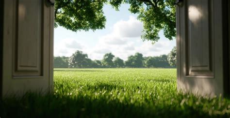 Open Door To Nature Field With Green Grass And Trees In Summer