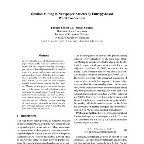 Opinion Mining In Newspaper Articles By Entropy Based Word Connections Acl Anthology