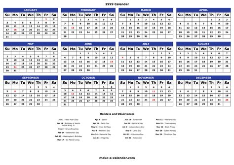 1999 Yearly Calendar — Print Pdf With Holidays And Week Numbers