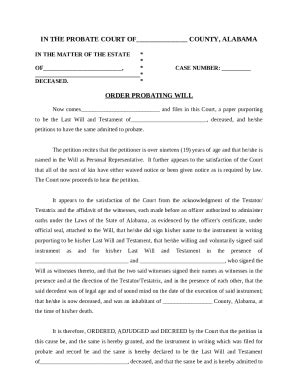 Alabama Will Probate Order Blank Fillable Template Fill Out Print