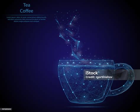 점 선 및 모양 행성 별과 우주의 형태로 구성 된 밤하늘의 공간 형태로 컵의 추상 이미지 낮은 폴 리 벡터 배경입니다 커피 마실 것에 대한 스톡 벡터 아트 및 기타 이미지