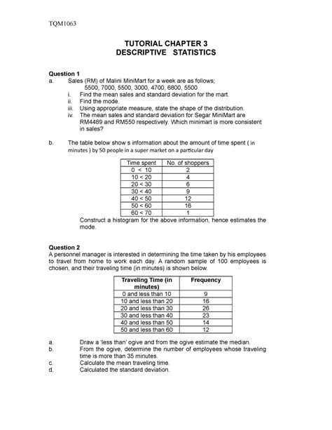 Tutorial Chapter Babes TQM TUTORIAL CHAPTER DESCRIPTIVE STATISTICS Question A