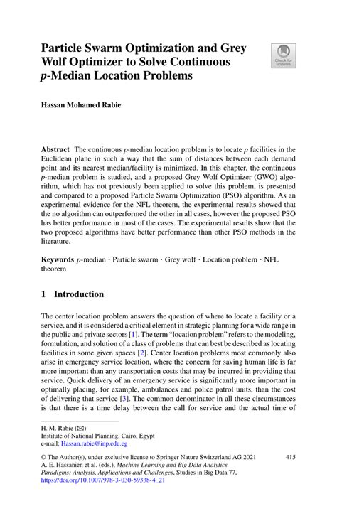 Pdf Particle Swarm Optimization And Grey Wolf Optimizer To Solve Continuous P Median Location
