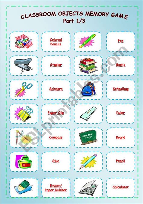 Classroom Objects Memory Game Part 13 Esl Worksheet By Mariojr912000