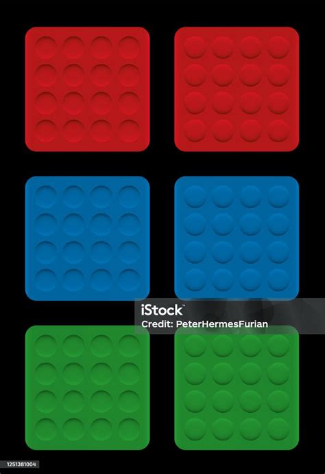 오목하고 볼록 한 원 상단에 어두운 음영이 있는 보조개 그 위에 빛이 음영처리된 부푼 다 분화구와 충돌 환상 빨간색 파란색과 녹색 접시 3차원 형태에 대한 스톡 벡터 아트